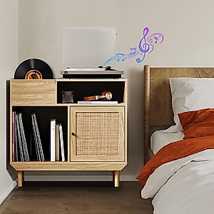 Vintage Record Player Stand, Vinyl Record Storage Table ,Turntable Stand Record Player Cabinet with Storage, Vinyl Record Player Stand with Rattan Door, Printer Stand with Open Storage Shelves-Natural