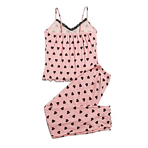 Verdusa Women's Lace Trim Heart Print Cami Top and Pants Loungewear Pajama Set Pink S