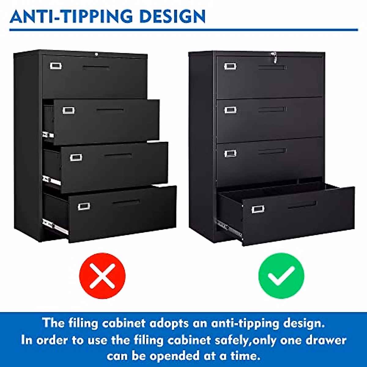 BYNSOE File Cabinet with Lock 4 Drawer Lateral File Cabinets for Legal/Letter A4 Size Metal Filing Storage Cabinet for Office Home Requires Assembly (4 Drawers, Black)