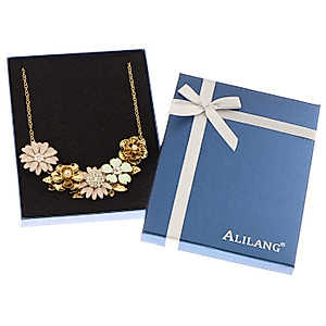 Alilang Womens Flower Rhinestones Pearl Statement Bib Golden Tone Necklace with Gray Yellow Enamel, Light Pink