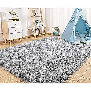 GOKISNE Area Rug for Bedroom, Fluffy Living Room Area Rug, Fluffy Carpet 4' x 5' for Kids Room, Shaggy Plush Rug for Nursery Room, Grey