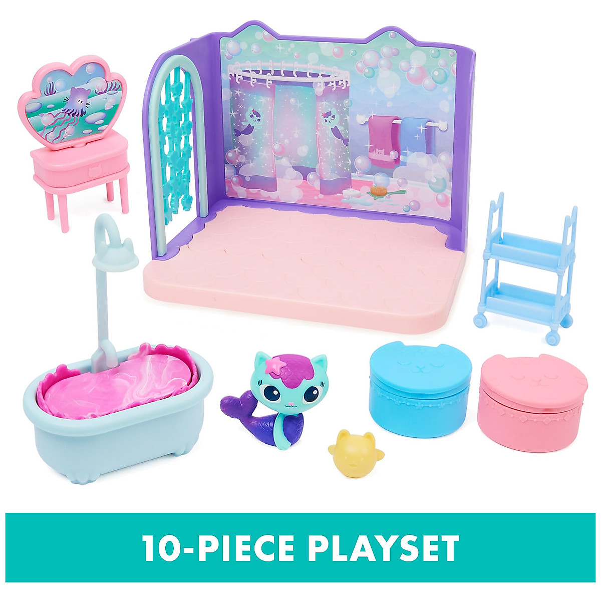 Gabby’s Dollhouse, Primp and Pamper Bathroom with Mercat Figure, 3 Accessories, 3 Furniture and 2 Deliveries, Kids Toys for Ages 3 and up