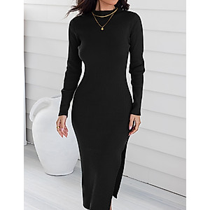 ZESICA Women's 2024 Ribbed Knit Dress Long Sleeve Mock Neck Slim Fit Side Slit Fall Elegant Sweater Dresses,Black,Medium