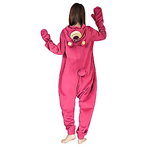 Ruleewe Unisex Bear Onesie Pajamas Pink Bear One Piece Cosplay Animal Hooded Velvet Jumpsuit Sleepwear