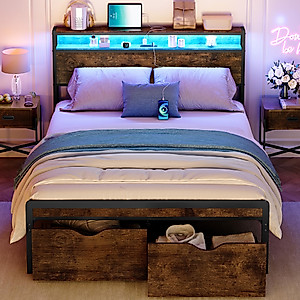 FAVOOSTY Full Bed Frame with 2-Tier Storage Headboard, Metal Platform Bed Frame with 2 Storage Drawers & Charging Station & LED Lights, Noise-Free/Metal Support/No Box Spring Needed, Vintage Brown