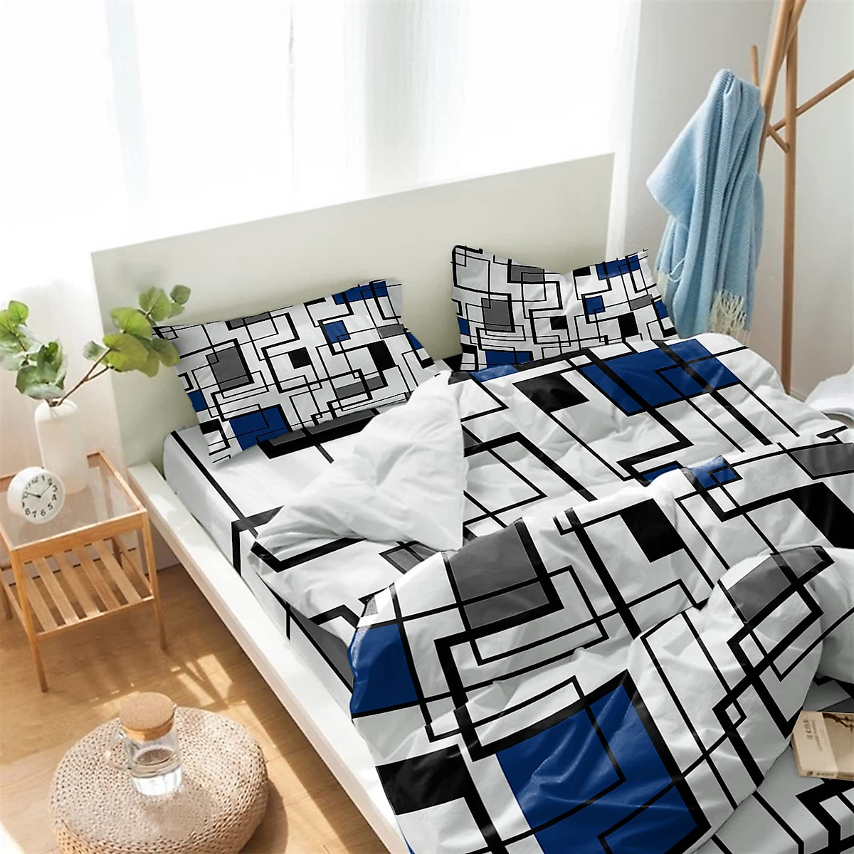 Blue Square Geometric Art Duvet Cover Sets 4 Piece Queen Ultra Soft Bed Quilt Cover Set for Kids/Teens/Women/Men,Modern Gray Abstract Lines White Back Bedding Collection All Season Use