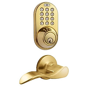 MiLocks XFL-02P Digital Deadbolt Door Lock and Passage Lever Handle Combo with Keyless Entry via Remote Control and Keypad Code for Exterior Doors, Polished Brass