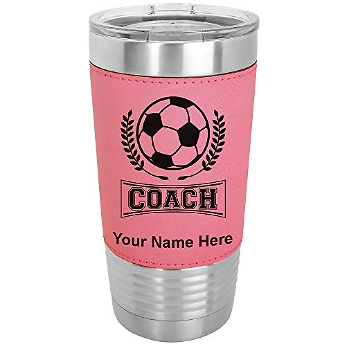 LaserGram 20oz Vacuum Insulated Tumbler Mug, Soccer Coach, Personalized Engraving Included (Faux Leather, Pink)