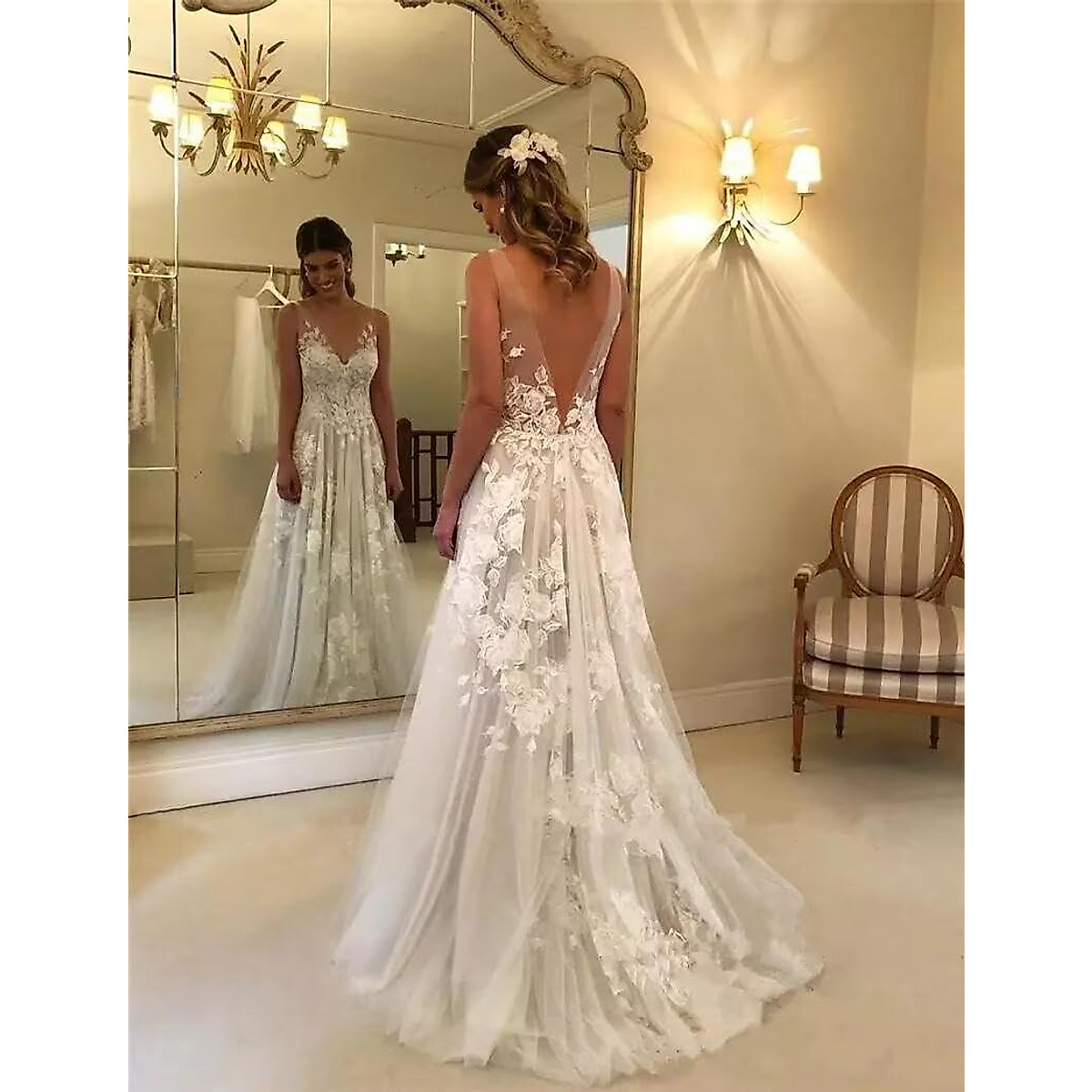 Tsbridal Women Wedding Dresses A-line V-Neck Tulle Lace Backless Boho Wedding Gown Bridal Dresses Ivory US 14-1