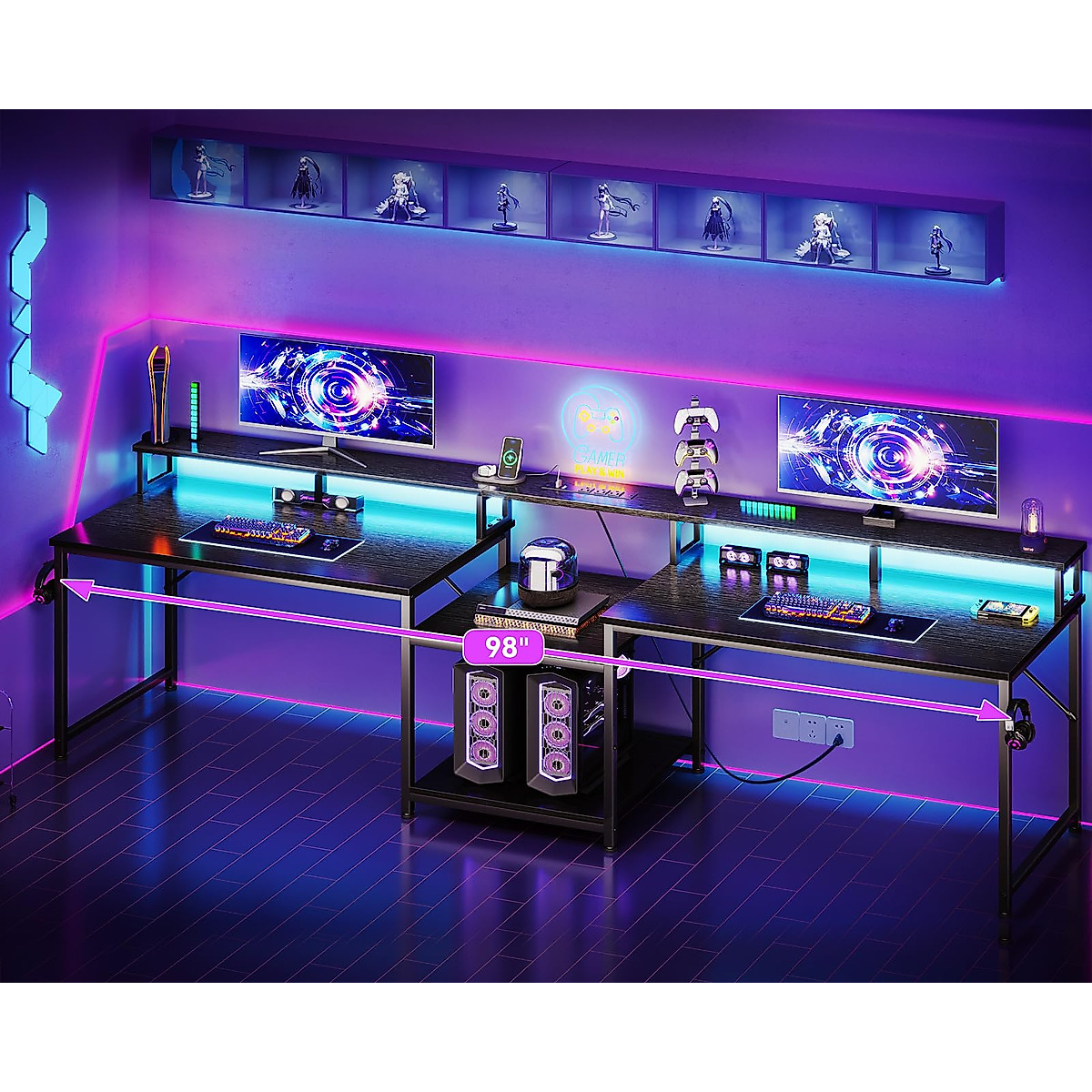 Coleshome 98 Inch 2 Person Gaming Desk with Storage Shelves- Long Double Home Office Computer Desks with USB Charging Port & LED Lights, Writing Desk with Monitor Stand, Modern Study/Work Table, Black