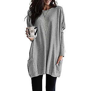 Dokotoo Womens Comfy Casual Long Sleeve T Shirt Tunics Tops Blouse Fashion Oversized Shirts Tunic with Pockets Tops for Leggings Summer Autumn Spring (US 16-18) XL,Gray