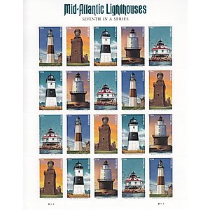 USPS Mid Atlantic Lighthouses Sheet of 20 Forever Postage Stamps American Lighthouses Scott 5621-25