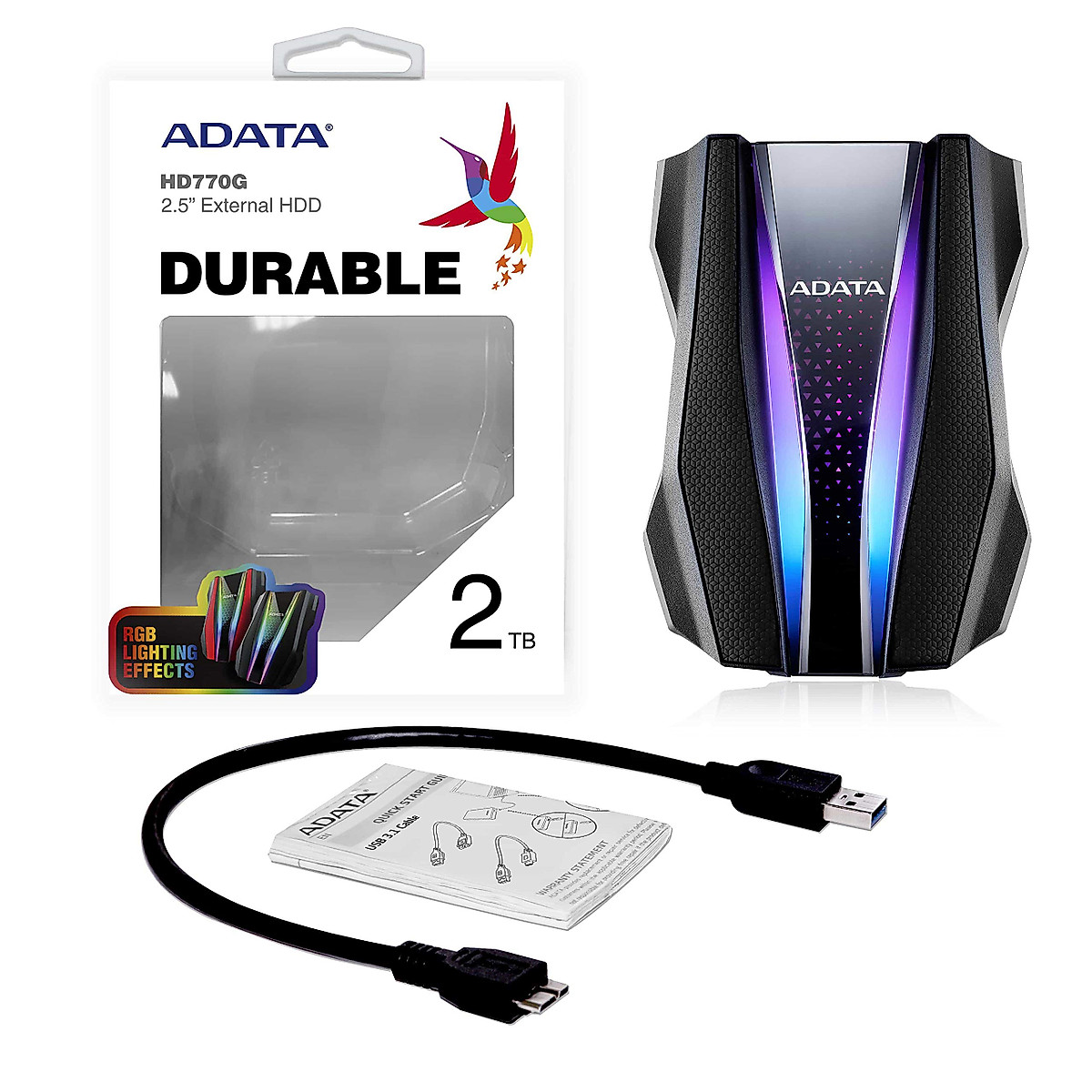 ADATA HD770G 2TB RGB USB 3.2 IP68 Waterproof Dropproof Dustproof External HDD Black (AHD770G-2TU32G1-CBK)