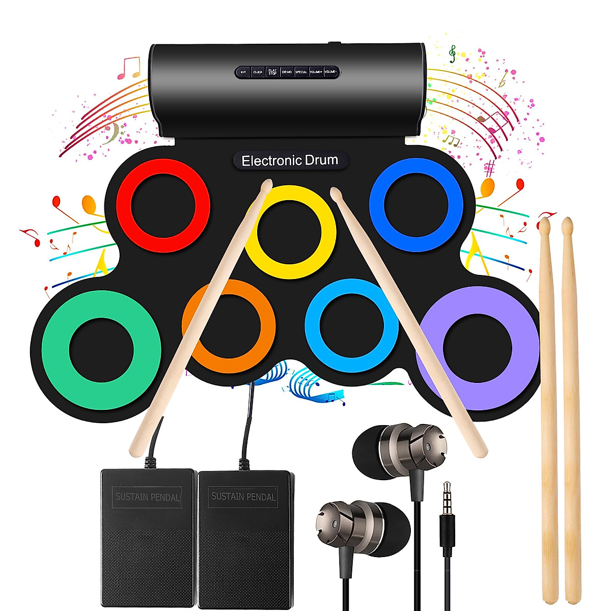 Oirtmiu Portable Electronic Drum Set Roll-Up Drum Practice 7 Pads Drum Kit Built-in Speaker with Headphones Drum Pedals Drum Sticks 10 Hours Playtime, Great Holiday Birthday Gift for Kids(Rainbow)