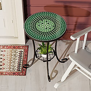 FROMJBEST Mosaic Outdoor Side Table, Patio Side Table, Weather Resistant 14" Diameter 21" H Ceramic Tile Round Outside Table for Patio, Porch, Garden, Pool, Indoor&Outdoor,Plant Stand (Vortex)