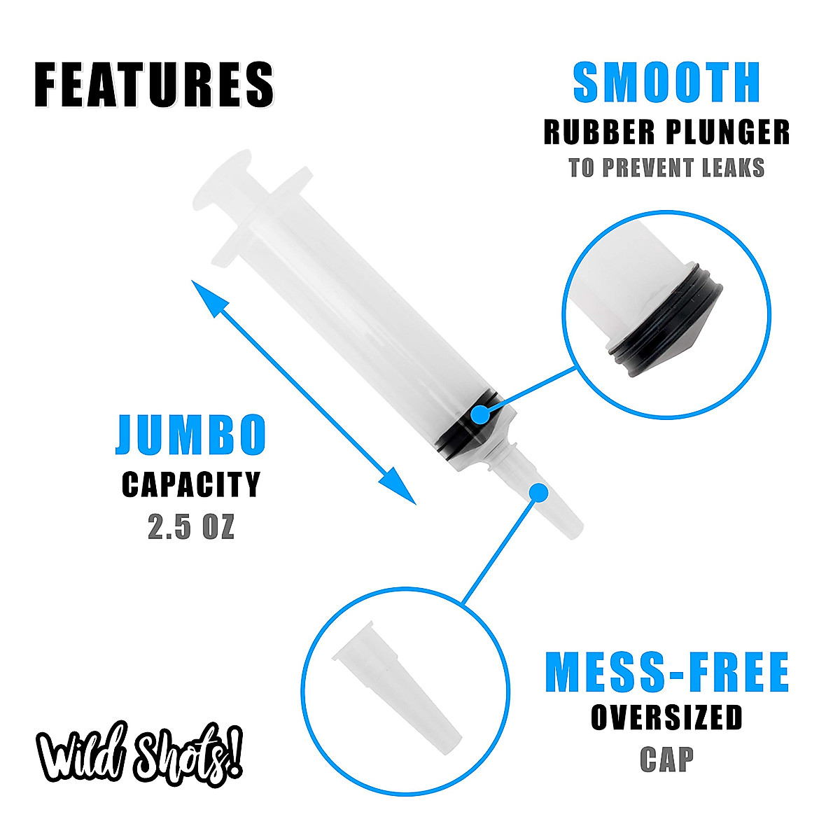 30 Pack 2.5 oz Reusable Jumbo Jello Shot Syringes BPA Free with Oversized Caps - Perfect for any party: Halloween, New Years, Nurses, Graduation, Superbowl, St. Patrick?s Day - By Wild Shots!