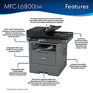 Brother Monochrome Laser, Multifunction, All-in-One Printer, MFC-L6800DW, Wireless Networking, Mobile Printing & Scanning, Duplex Print, Scan & Copy, Amazon Dash Replenishment Ready, Black