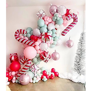 Enanal Pink Christmas Balloon Garland Arch Kit, 146pcs Pastel Pink Green Metallic Red Green Balloons with Candy Cane Gingerbread Foil Balloons for Christmas New Year Party Decoration (Pink)