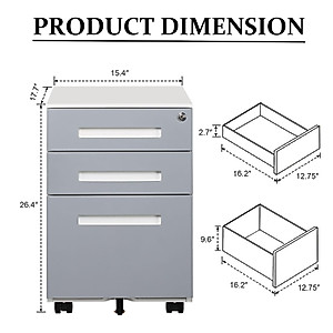 GOOGIC 3-Drawer Mobile File Cabinets, Rolling Metal Vertical Filing Cabinet for Legal & Letter File Anti-tilt Design with Lock Fully Assembled Except Wheel, Gray&White(Style 3)