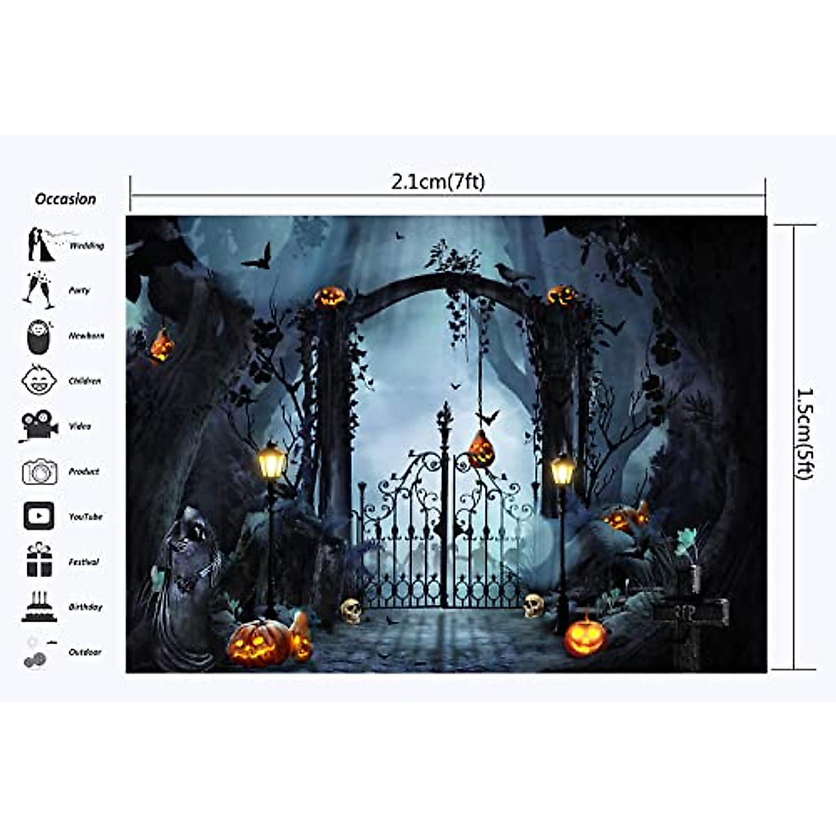 LYCGS 7X5FT Halloween Backdrop Horror Forest Night Halloween Backdrop for Photography Scary Pumpkin Lantern Tombstone Skull Photography Background Costume Ball Halloween Carnival Background X-58