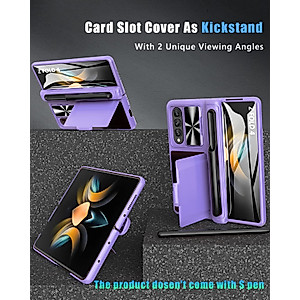 Vihibii for Galaxy Z Fold 4 Case with Card Holder & Sliding Camera Cover, S Pen Holder & Screen Protector & Magnetic Hinge Protection & Kickstand, Hard PC Phone Case for Samsung Z Fold 4 (Purple)