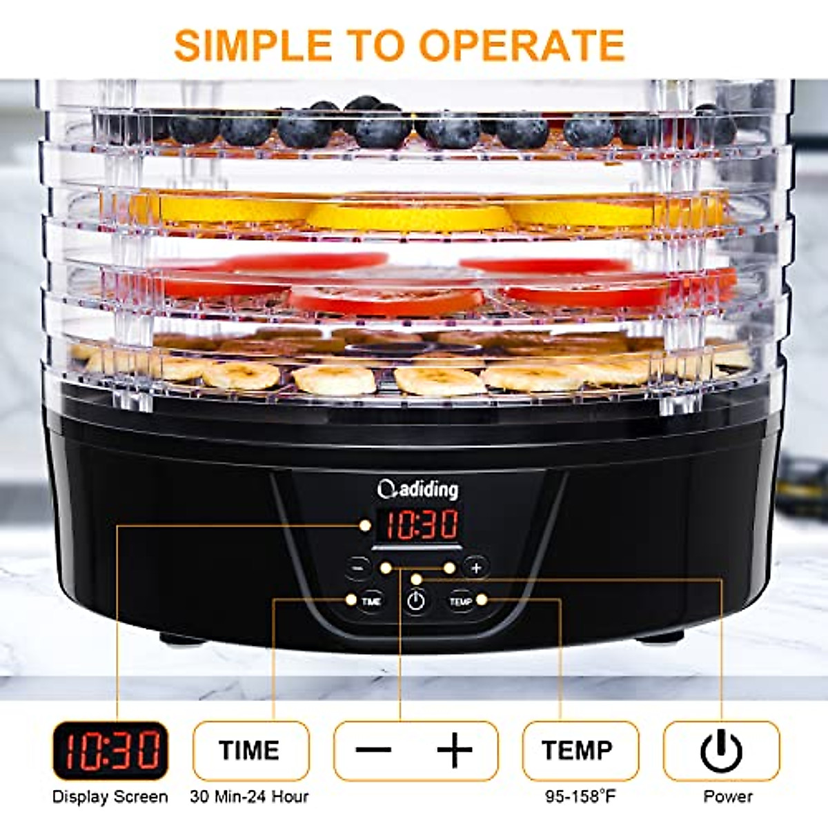 Adiding Food Dehydrator Machine, Dehydrator with 4 BPA Free Trays, Digital Timer & Temperature Control, 350W Food Dryer for Fruit Vegetable Meat Beef Jerky Herbs Pet Treats
