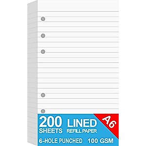 200 Sheets A6 Lined Paper for Filofax Personal Binder Planner, White 100gsm Ruled Pages, 6 Hole Punched, 3.75 x 6.75 Inch