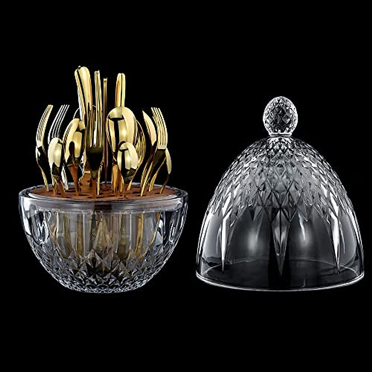 Silverware Set Gold Flatware 24-Piece for 6 Food-Grade Stainless Steel Tableware Cutlery Set Mirror Finished Utensil Sets for Home Restaurant Crystal Egg-Shaped Organizer Storage