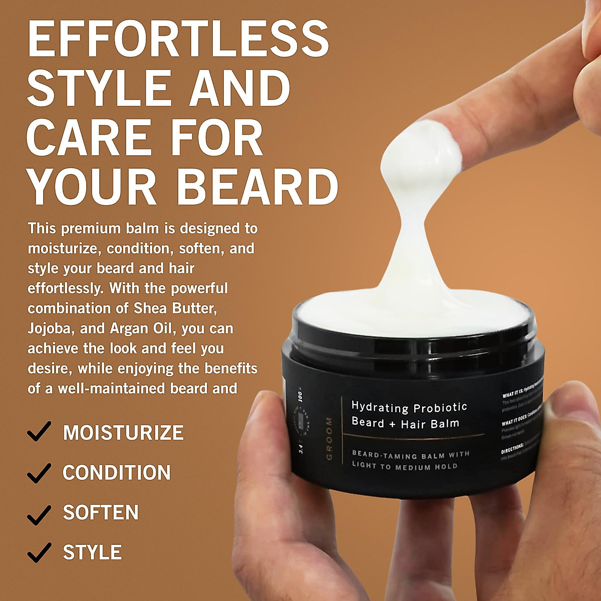 stubble & stache Mens Beard & Hair Balm with Shea Butter, Jojoba & Argan Oil Leave-in Conditioner - Wax for Mustache - Fragrance Free - 3.4 fl oz