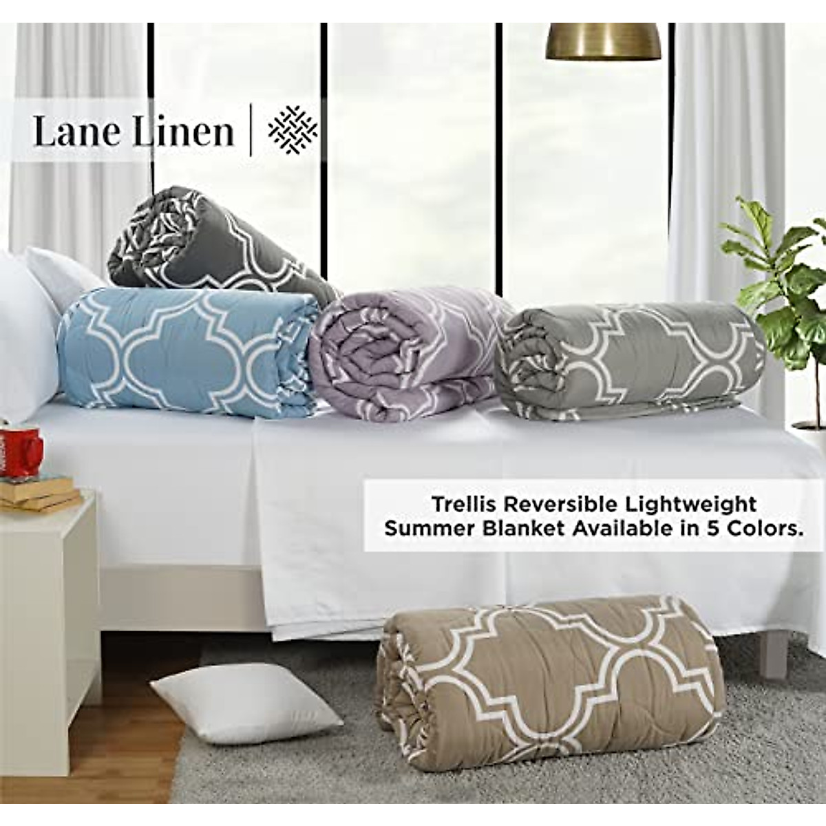 LANE LINEN Lightweight Microfiber Comforter Blanket for Bed - Twin Size Blanket – All-Season Reversible Soft Cozy Warm Anti-Static Anti-Wrinkle Premium Throw Blanket, 90”x68” – Trellis Taupe