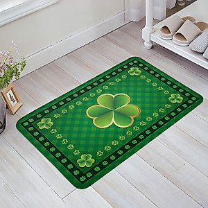 Front Door Mats Outdoor Indoor Kitchen Mat, Green Checked Clover on St. Patrick's Day Entrance Doormat Non-Slip Bathroom Rugs Washable Floor Mats for Sink/Porch, 20" x 31.5"