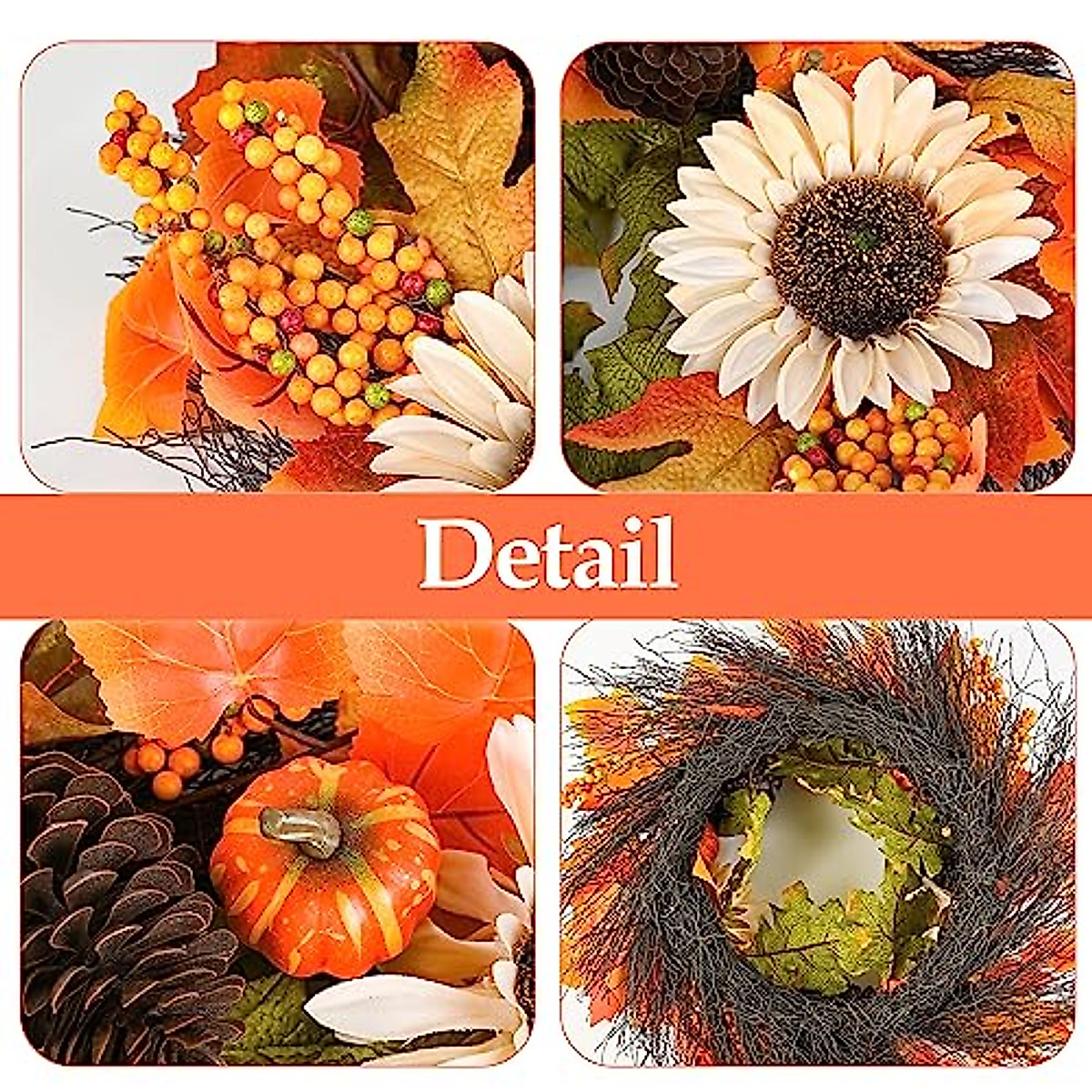 Fall Wreath for Front Door - 20" Autumn Maples Leaf Pumpkin Sunflower Wreath - Thanksgiving Halloween Harvest Home Outdoor Indoor Window Wall Fall Decorations