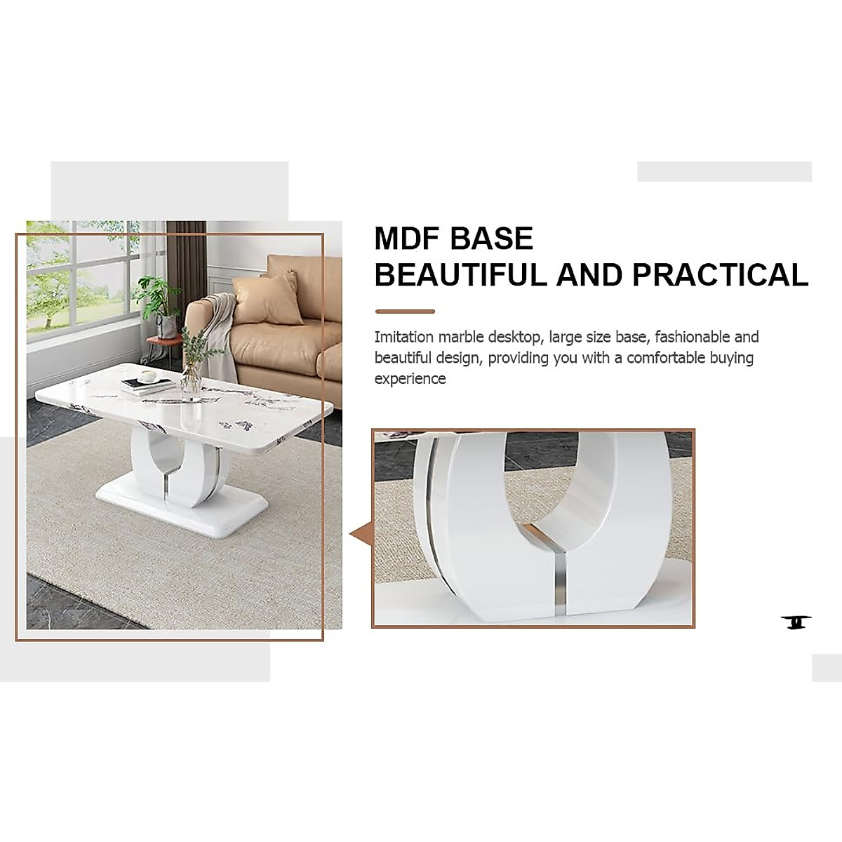 48’’ Modern Faux Marble Dining Table for 8, Large Rectangular Dining Room Table with White O-Shaped Bracket, Minimalist Kitchen Table for Restaurant, Meeting Room, Marble-Inspired Desktop