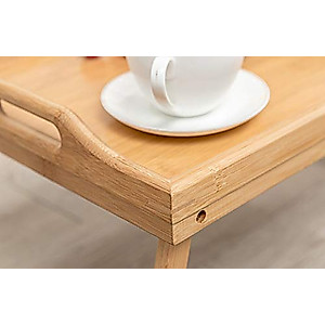 Lawei 2 Pack Bamboo Foldable Breakfast Table, Bed Tray Table with Legs, Serving Tray with Handles, Portable Food Table for Serving Breakfast in Bed, Laptop Desk Snack Tray for Eating, Reading, Working