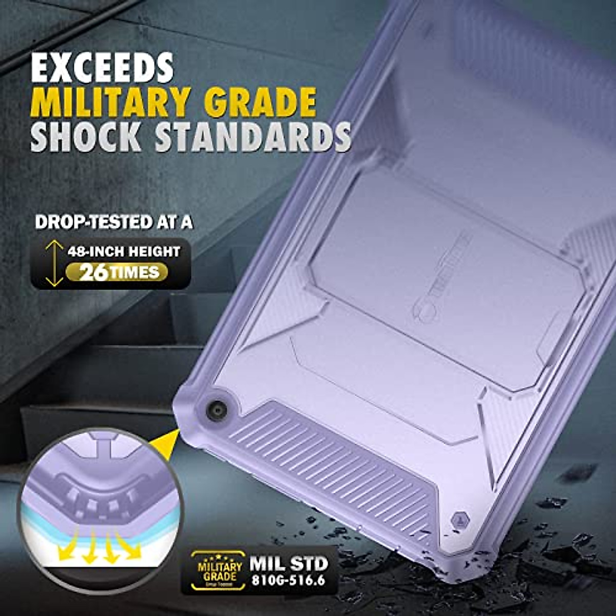 Fintie Shockproof Case for All-New Fire 7 Tablet (12th Generation, 2022 Release), [Tuatara] Rugged Unibody Hybrid Bumper Kickstand Cover with Built-in Screen Protector, Lilac Purple