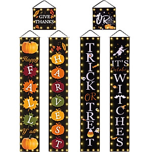 Tatuo 3 Pcs Lighted Halloween Reversible Banner Happy Fall Harvest and Halloween Trick or Treat Witches Banner Thanksgiving Day Halloween Party Porch Sign Hanging Sign for Fall Decorations Outdoor