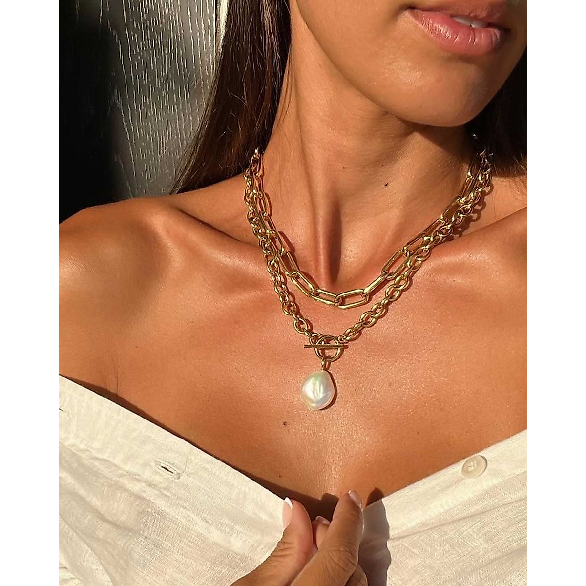 Cult of Sun Baroque Pearl Necklace 18K Gold Plated Tarnish Resistant Freshwater Pearl Necklace Gold Pearl Necklace Toggle Necklace Cultured Pearl Necklace Gold Toggle Necklace Chunky Pearl Necklace