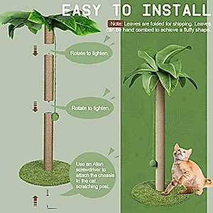 Kphico Cat Scratching Post for Indoor Cats,33.5" Tall Large Cat Scratching Post with Natural Sisal Rope,Kitten Scratcher with Simulated Leaves & Hanging Ball,Send 1 Cat Teasing Stick and 2 Catnip