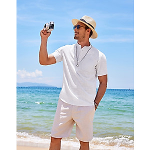 COOFANDY Men's Cotton Linen Henley Shirt Short Sleeve Hippie Casual Beach T Shirts with Pocket