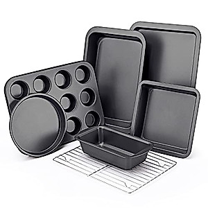 KITESSENSU Baking Pans Sets, Nonstick Bakeware Set 7-Piece with Round/Square Cake Pan, Loaf Pan, Muffin Pan, Cookie Sheet, Roast Pan, Cooling Rack, Carbon Steel Bake Set