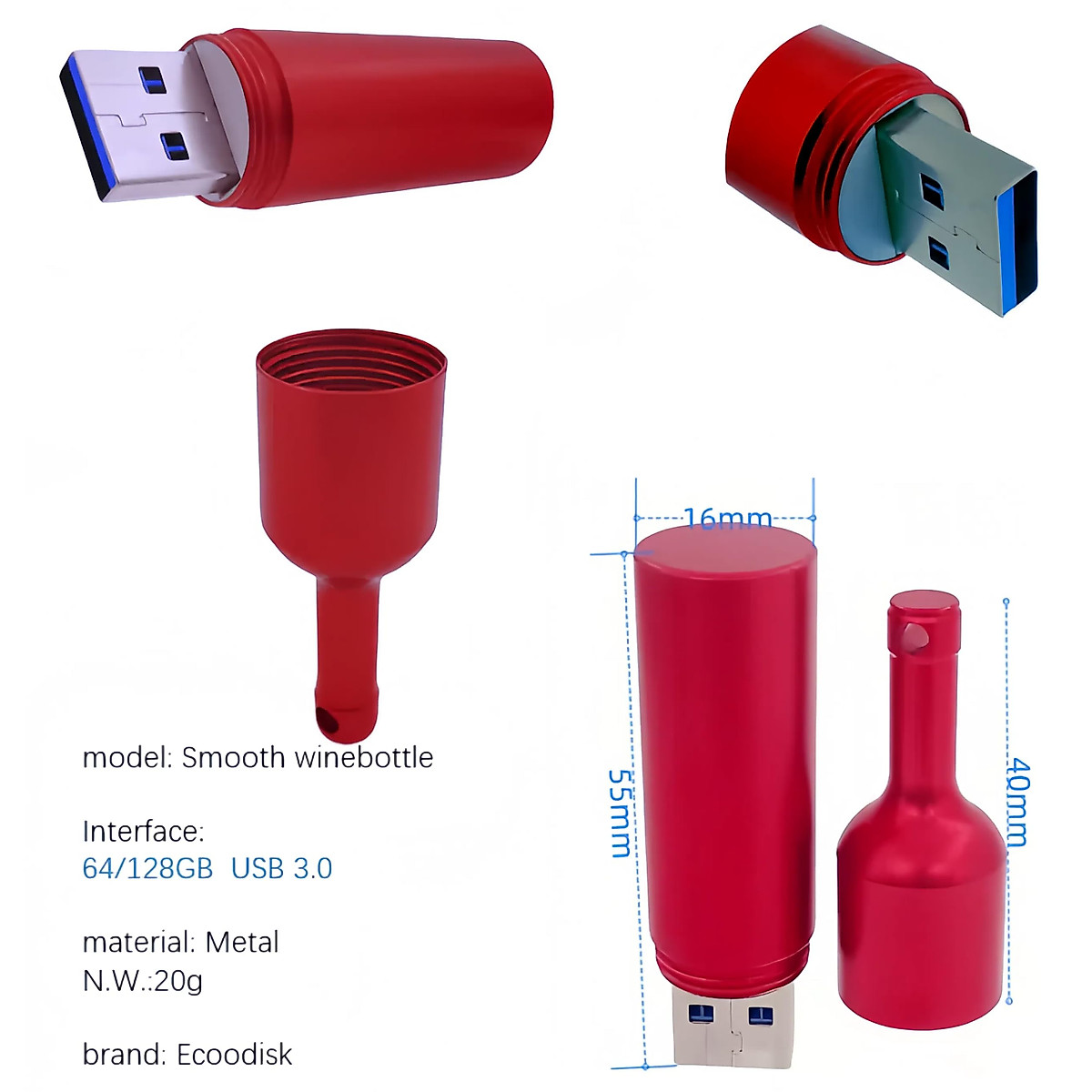 EcooDisk 128GB USB 3.0 Flash Drive Wine Bottle Shaped Zip Drive Cute Memory Stick High Speed Thumb Drive Cool USB Sticks Date Storage Fun Jump Drive Metal Pen Drive