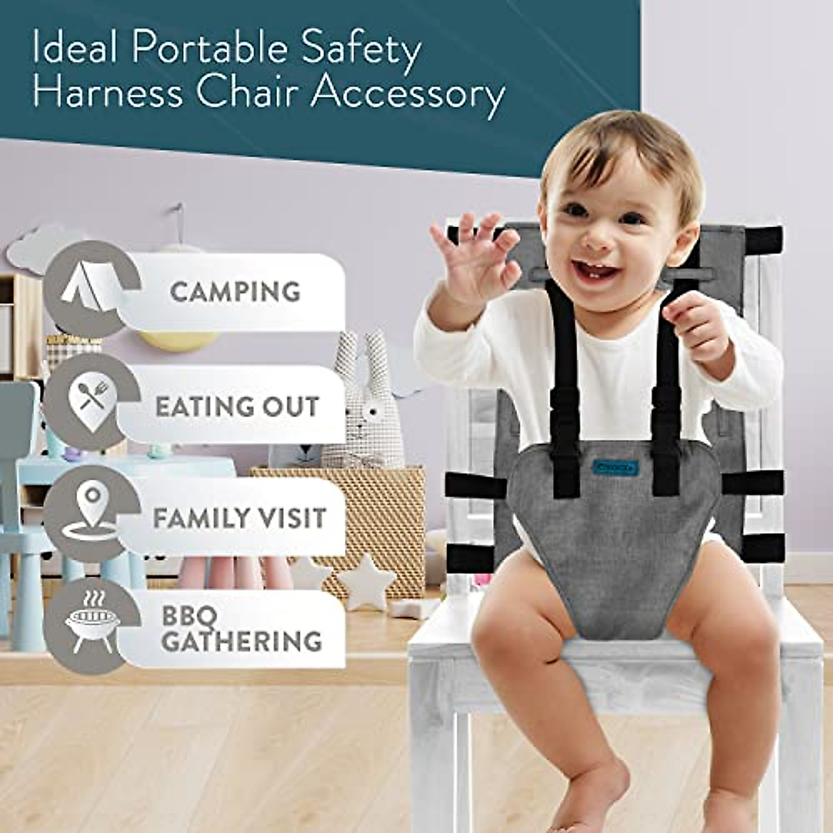 Baby Portable High Chair Booster Seat with Carry Bag by Vevoza- Cloth Harness Toddler Chair Seat with Adjustable Straps to Fit Any Chair- Machine Washable Toddler Feeding/Eating Travel Seat Accessory