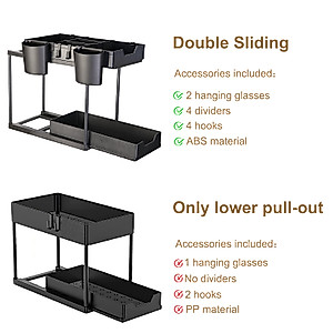 Under Sink Organizers and Storage - 2 Tier Sliding Bathroom Organizer Kitchen Cabinet Basket Storage Shelf with 4 Hooks and 2 Hanging Cups for Home Storage