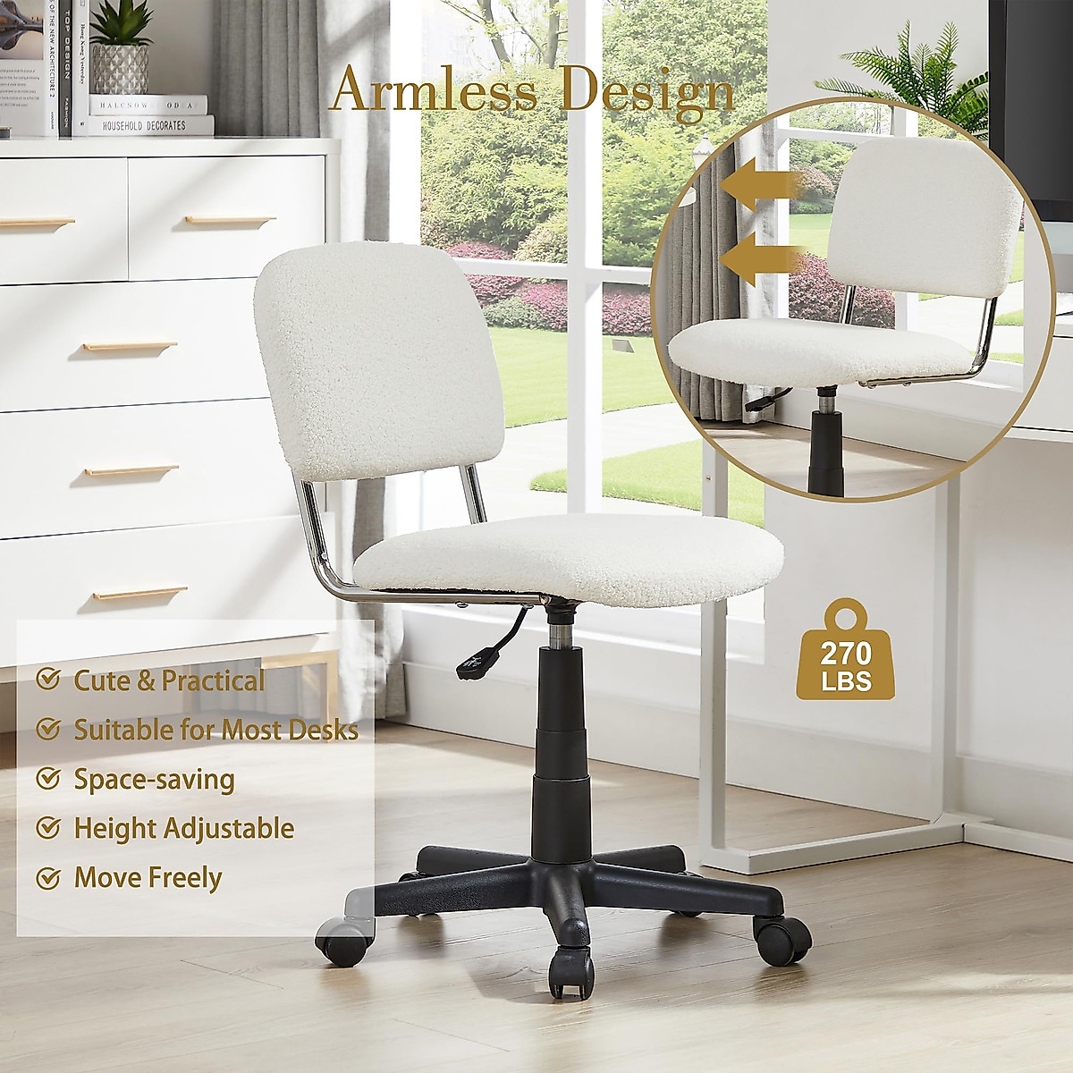 VECELO Armless Home Office Sherpa Vanity Chair with Wheels Faux Fur, Swivel Height Adjustable for Bedroom Makeup, White