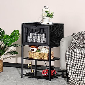 LEBOAHOUS Nightstand with Charging Station and USB Port, 3 Tier Industrial Night Stand, Bedside Table with Flip Storage Drawer and Open Shelf, End Side Table for Bedroom, Office, Dorm 26.2''H (Black)