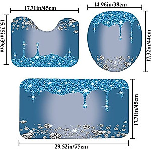 4Pcs Glitter Diamond Shower Curtain Sets Bathroom Set Decor with Non-Slip Rugs Bath U-Shaped Mat Toilet Lid Cover Blue Sliver Shiny Drip Bathroom Curtains Shower Set with 12 Hooks, 70.8×70.8