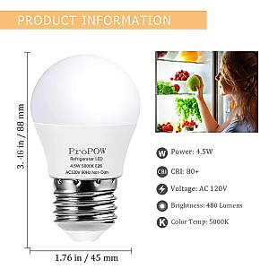 LED Refrigerator Light Bulb 40 Watt Equivalent 120V 4.5W Fridge Bulbs Daylight White 5000K E26 Medium Base, Energy Saving A15 Freezer Light Bulb, Not-dimmable, Waterproof, 2 Pack