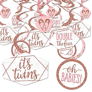 Big Dot of Happiness It’s Twin Girls - Pink and Rose Gold Twins Baby Shower Hanging Decor - Party Decoration Swirls - Set of 40