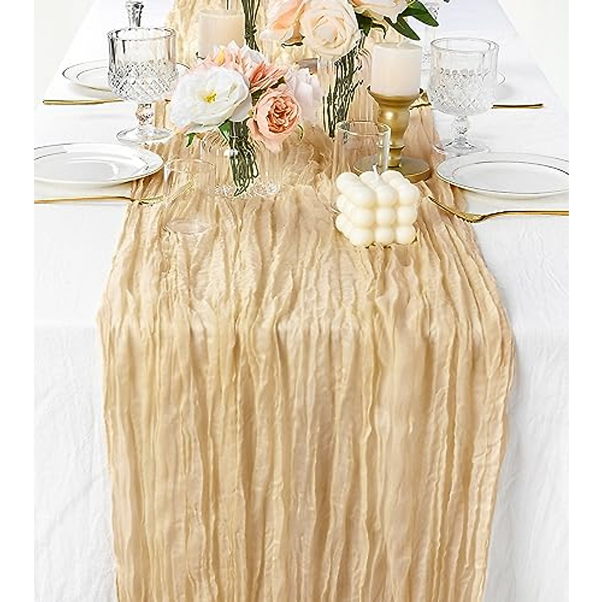 DearHouse 6Pack Cheesecloth Table Runner, Cheese Cloth Boho Gauze Table Runner for Wedding Bridal Baby Shower Birthday Holiday Party Rustic Sheer Table Decorations (Champagne)
