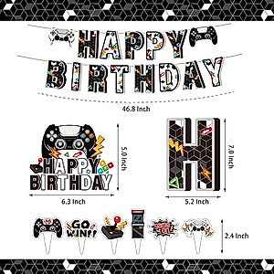Gamer Birthday Party Decoration - 275Pcs Black White Video Game Gaming Party Supplies For Boys Birthday Party - Table Cover, Plates, Cups, Napkins, Utensils, Hanging Swirls, Birthday Banner, Cupcake Topper, Cake Topper, Stickers, Bracelets & Balloons Serv